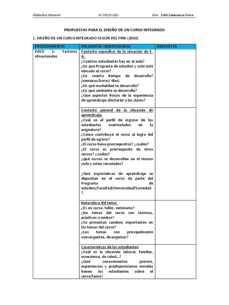 PROPUESTAS DISEÑO DE UN CURSO INTEGRADO DEE FINK y WIGGINS | PDF