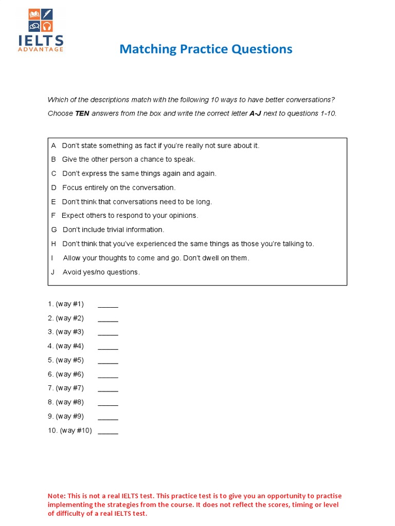 Matching Practice Questions 1 | PDF | International English Language ...