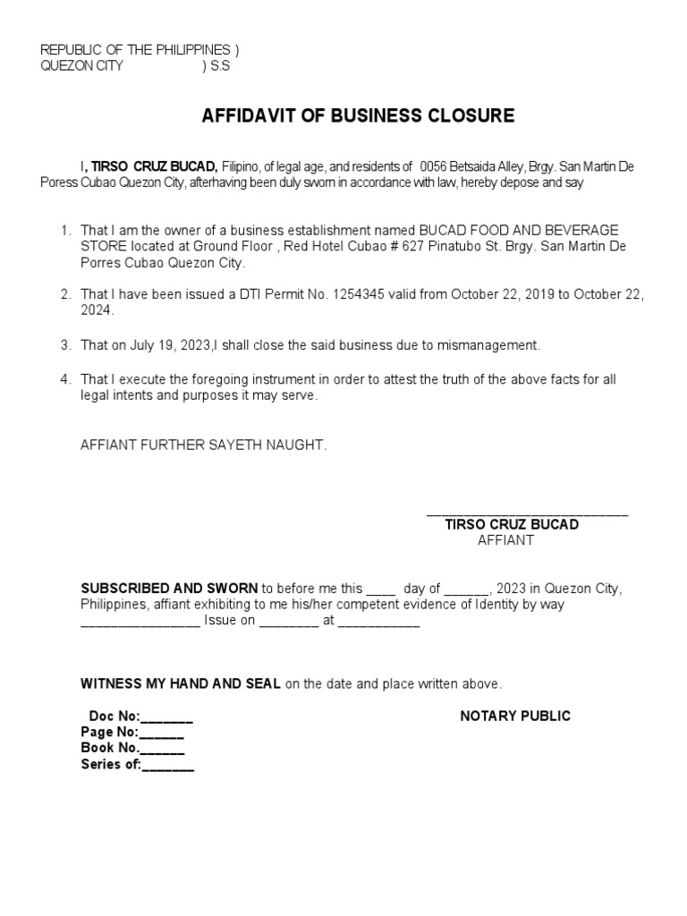 Affidavit of Business Closure in QC | PDF | Law