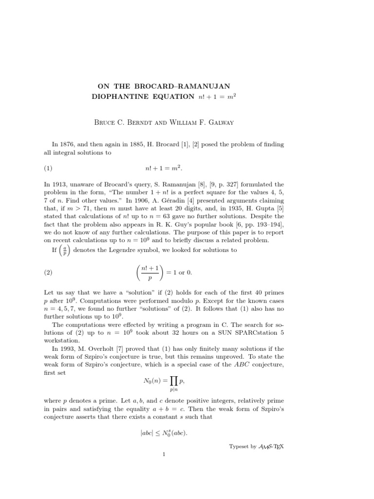 The Brocard - Ramanujan Diophantine Equation N! + 1 M 2 | PDF ...