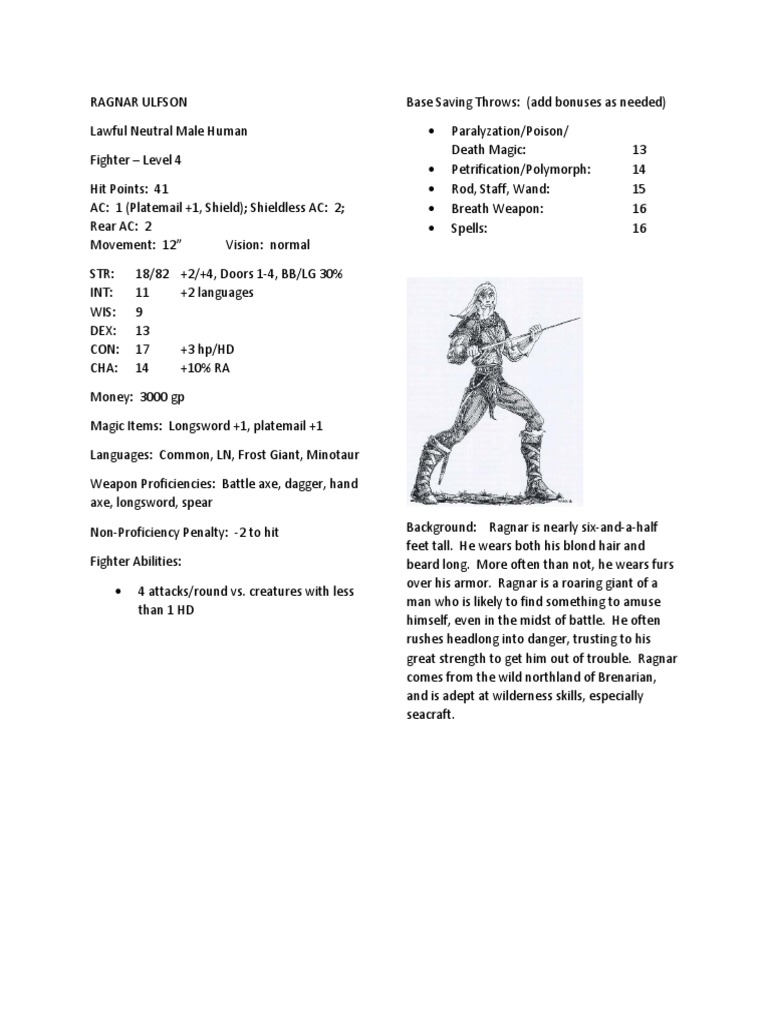 Ragnar Ulfson - Human Fighter 4 - Ch1-Moldvay-Pregens | PDF