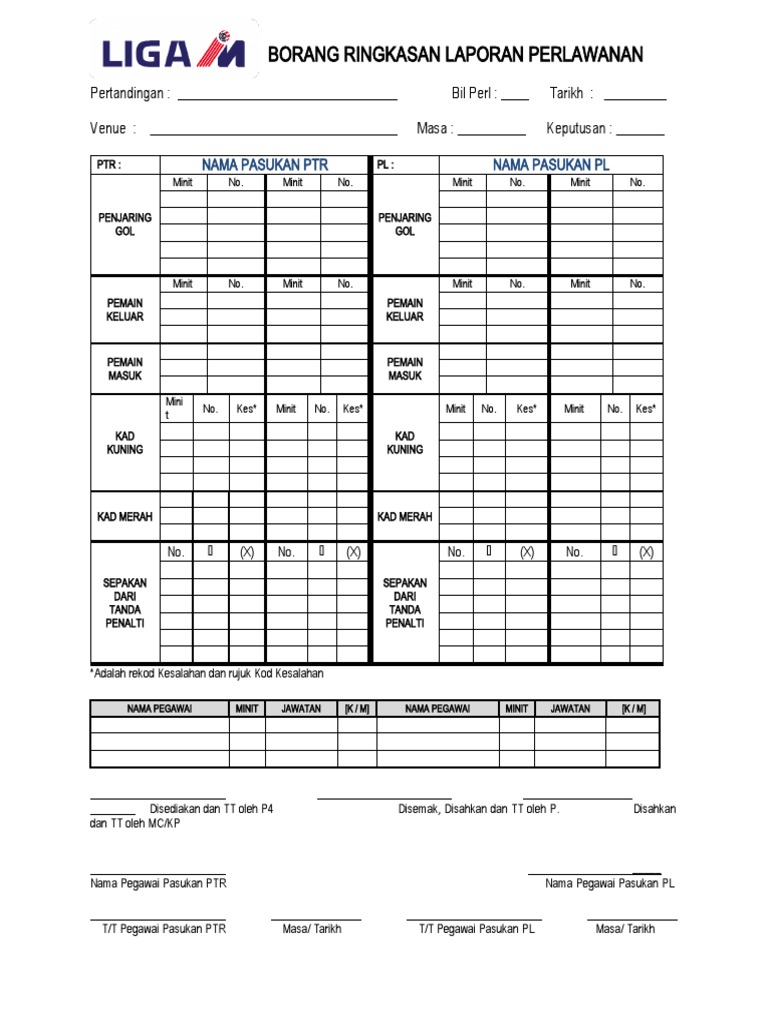Borang Ringkasan Laporan Perlawanan Liga Malaysia 2023 | PDF