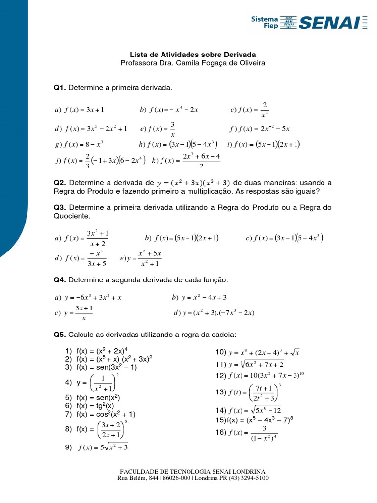 Atividades de Derivadas e Regras de Cálculo | PDF