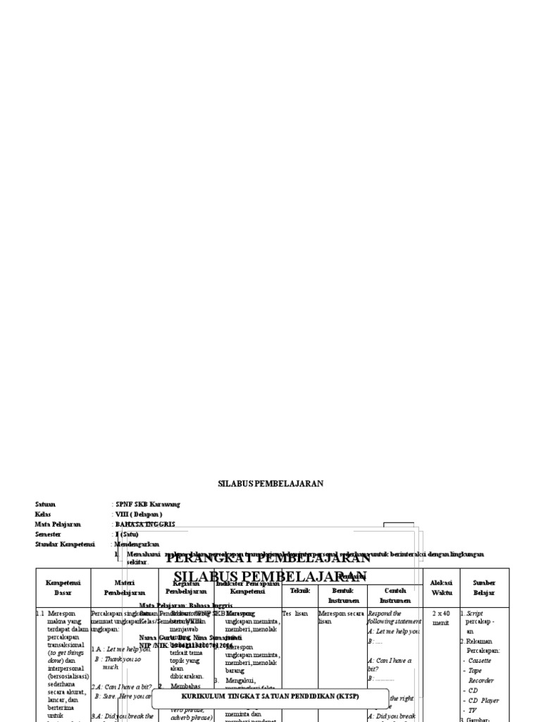 Silabus Bahasa Inggris SMP Kelas 8 KTSP | PDF