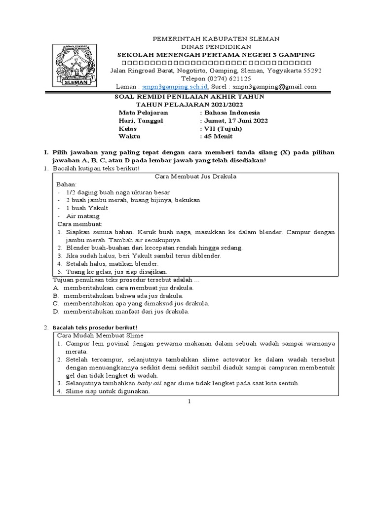 Soal Remidi & Pengayaan PAT 2122 | PDF