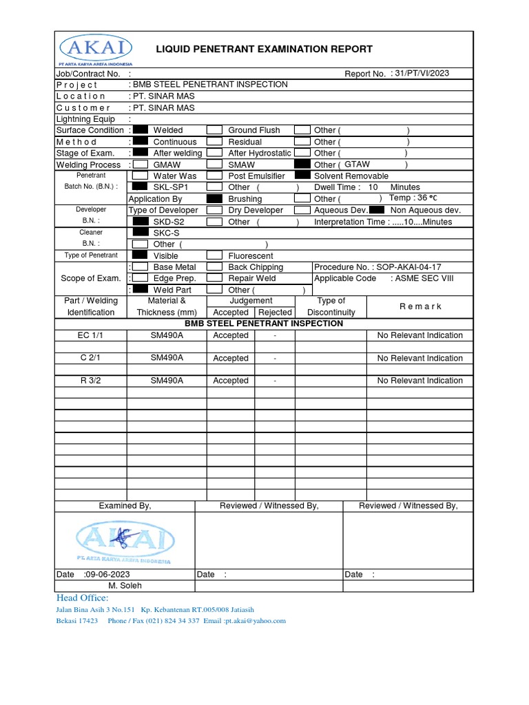 Report Penetrant BMB Steel | PDF