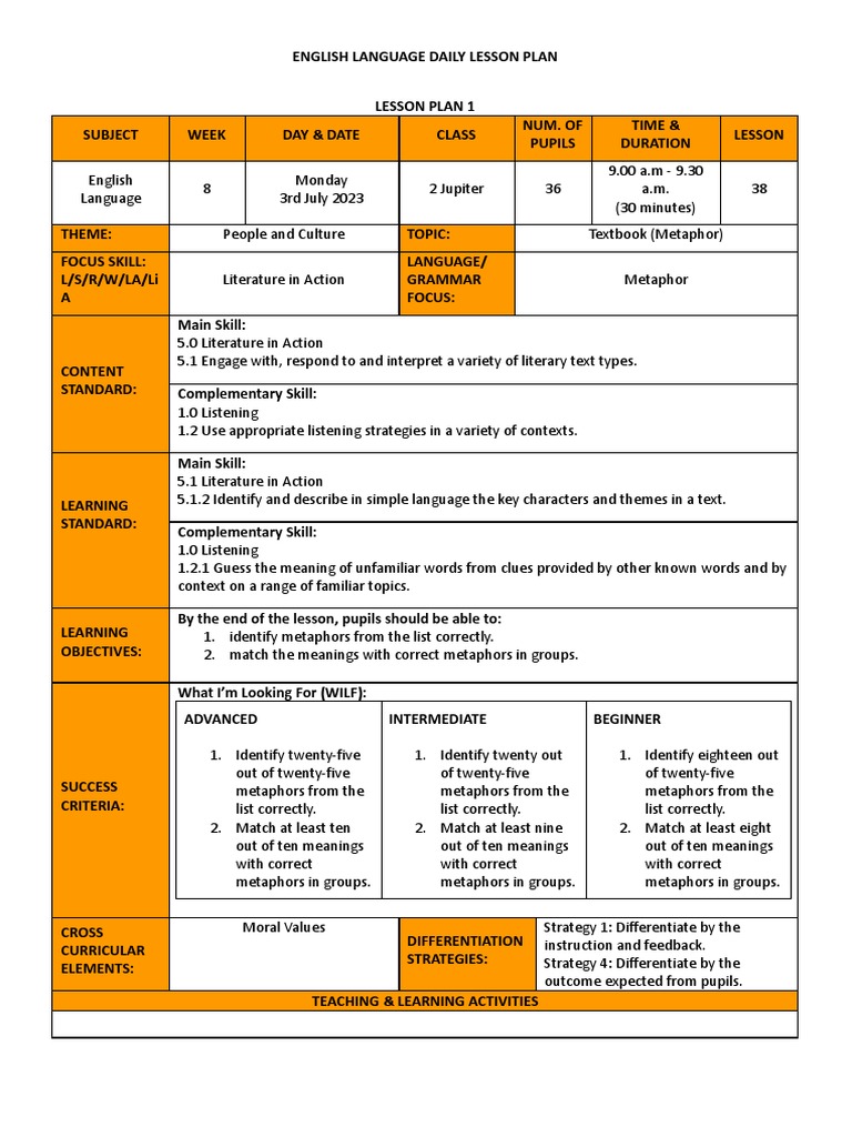 Lesson Plan Poetry 1 | PDF | Lesson Plan | Metaphor