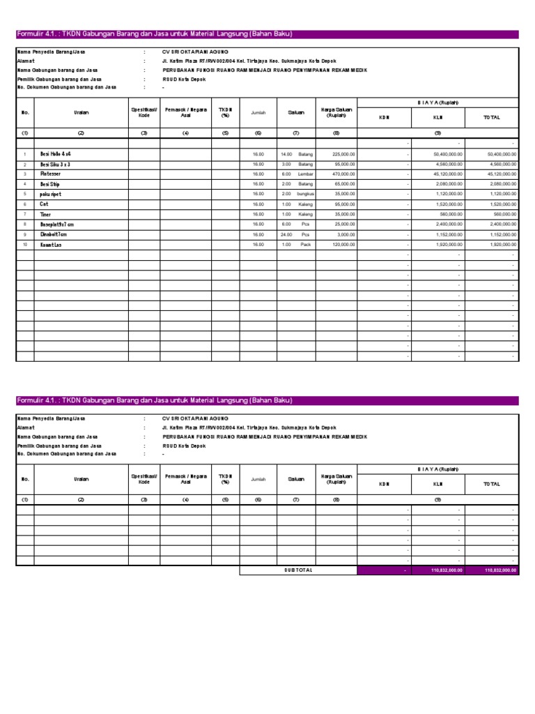 Formulir 4.1.: TKDN Gabungan Barang Dan Jasa Untuk Material Langsung ...