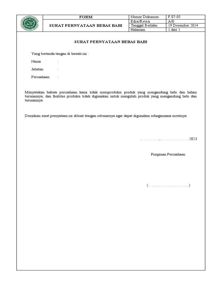 Surat Pernyataan Bebas Babi Dan Turunannya | PDF