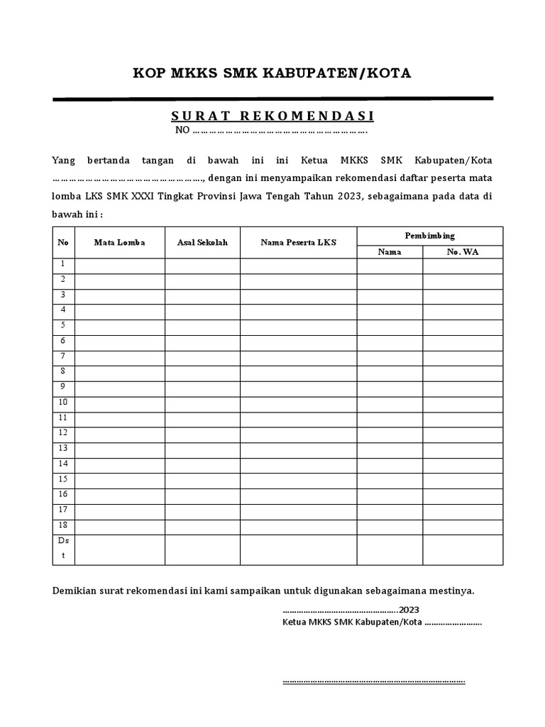 Surat Rekomendasi MKKS 2023 | PDF