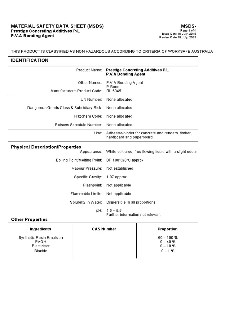 Addcrete Safety Data Sheet P Bond PVA | PDF | Personal Protective ...