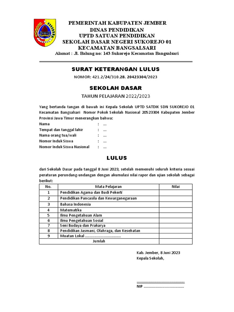 Surat Keterangan Lulus SD Sukorejo 2023 | PDF