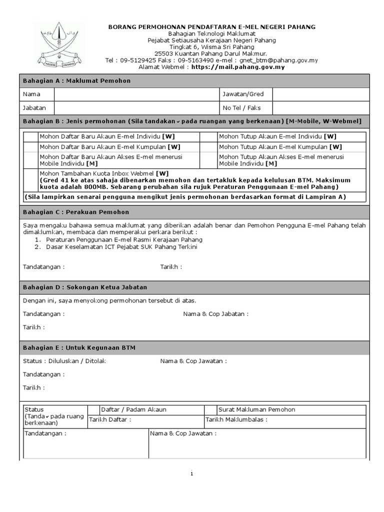 Borang Permohonan Pendaftaran E-Mel Negeri Pahang - 2 | PDF