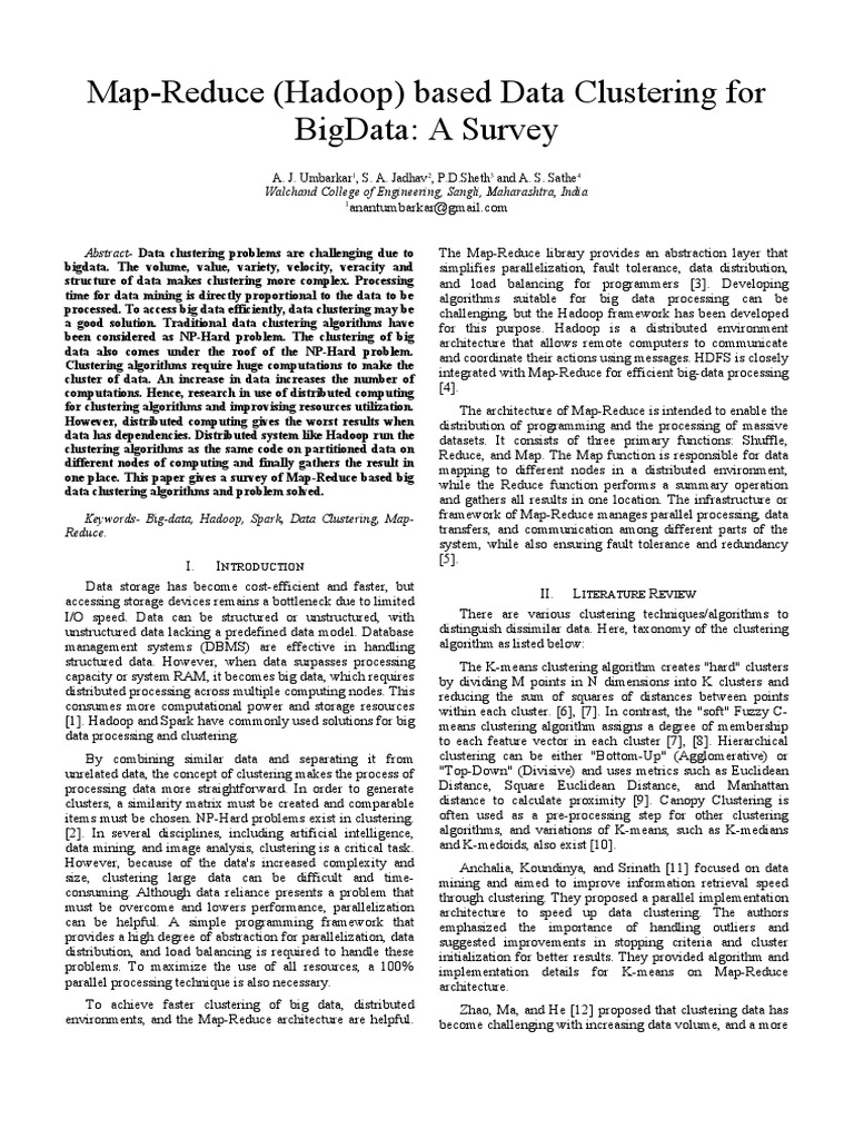 Map-Reduce (Hadoop) Based Data Clustering For BigData A Survey | PDF | Cluster Analysis | Map Reduce