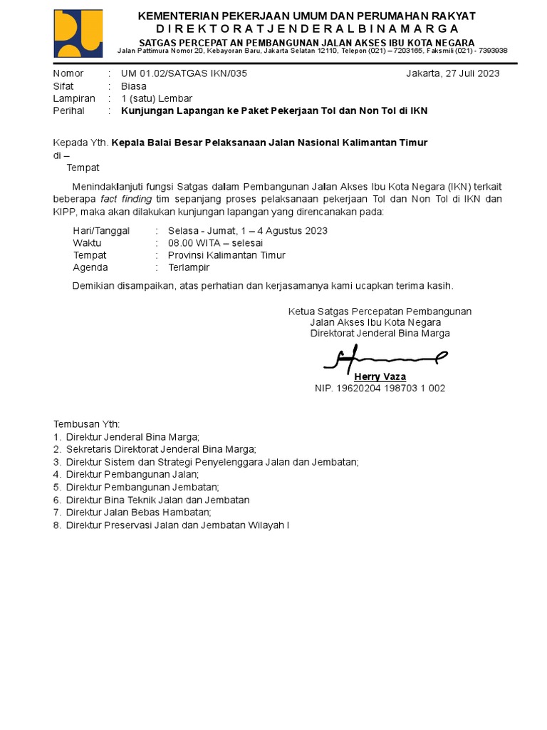 Surat Kasatgas IKN BM - Balai Kaltim - Pemberitahuan Kunjungan Lapangan ... Surat Kasatgas IKN BM - Balai Kaltim - Pemberitahuan Kunjungan Lapangan ...