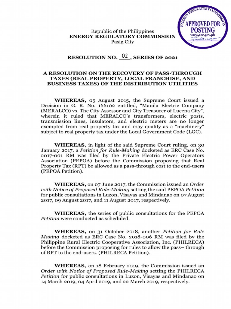 Resolution No. 02, Series of 2021, A Resolution On The Recovery of Pass-Through Taxes (Real ...