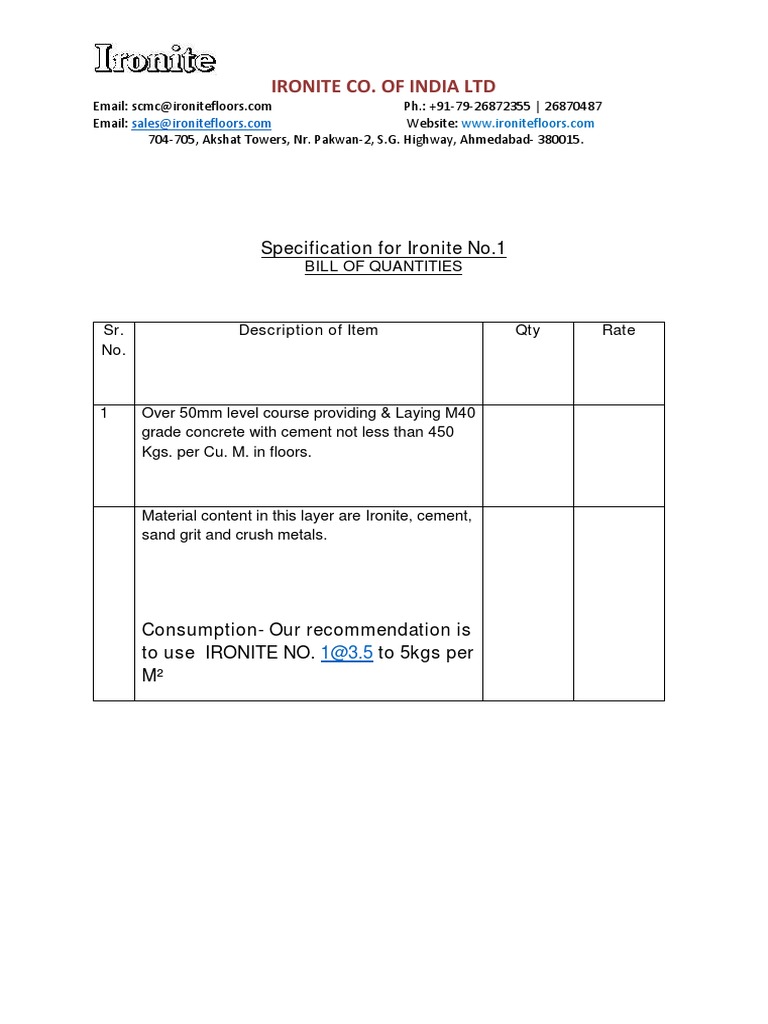 Specification For Ironite No. 1 | PDF