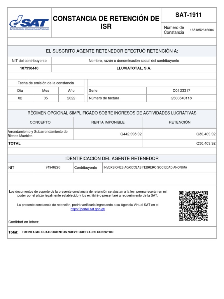 Constancia de Retención de ISR: El Suscrito Agente Retenedor Efectuó ...