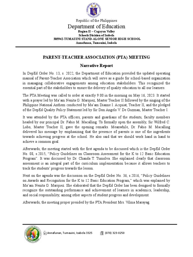 PTA Meeting Narrative Report | PDF