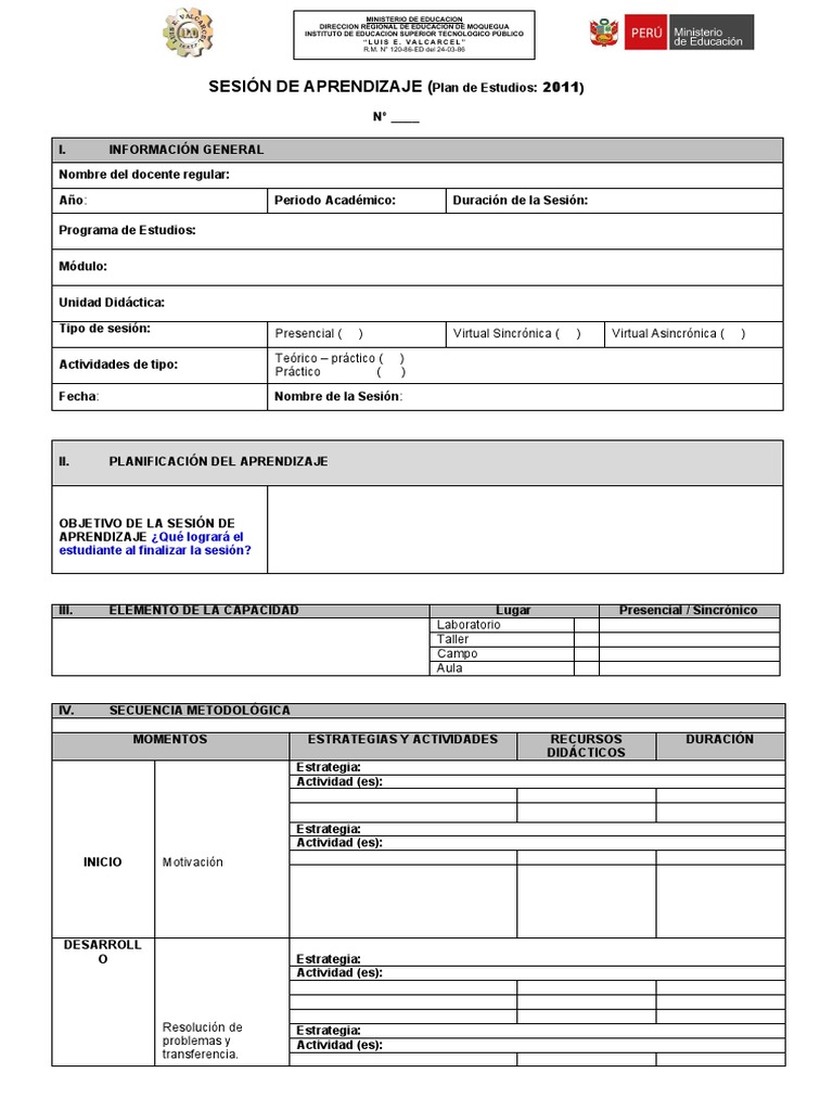 MODELO DE SESIÓN MINEDU 2023 Plan 2020-2011 | PDF | Evaluación | Plan de estudios