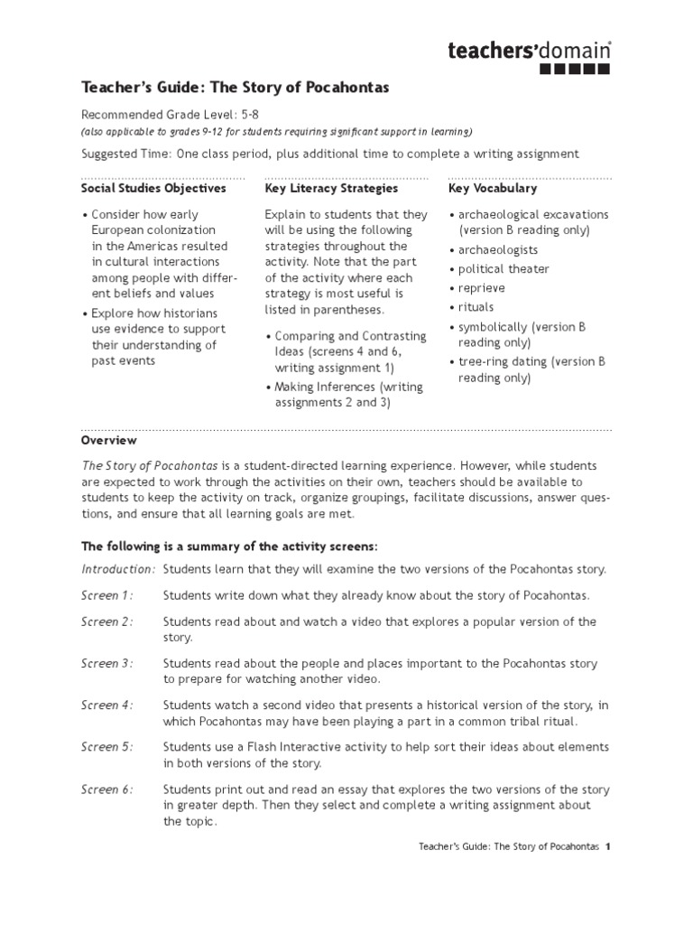 Teacher's Guide: The Story of Pocahontas: Social Studies Objectives Key ...