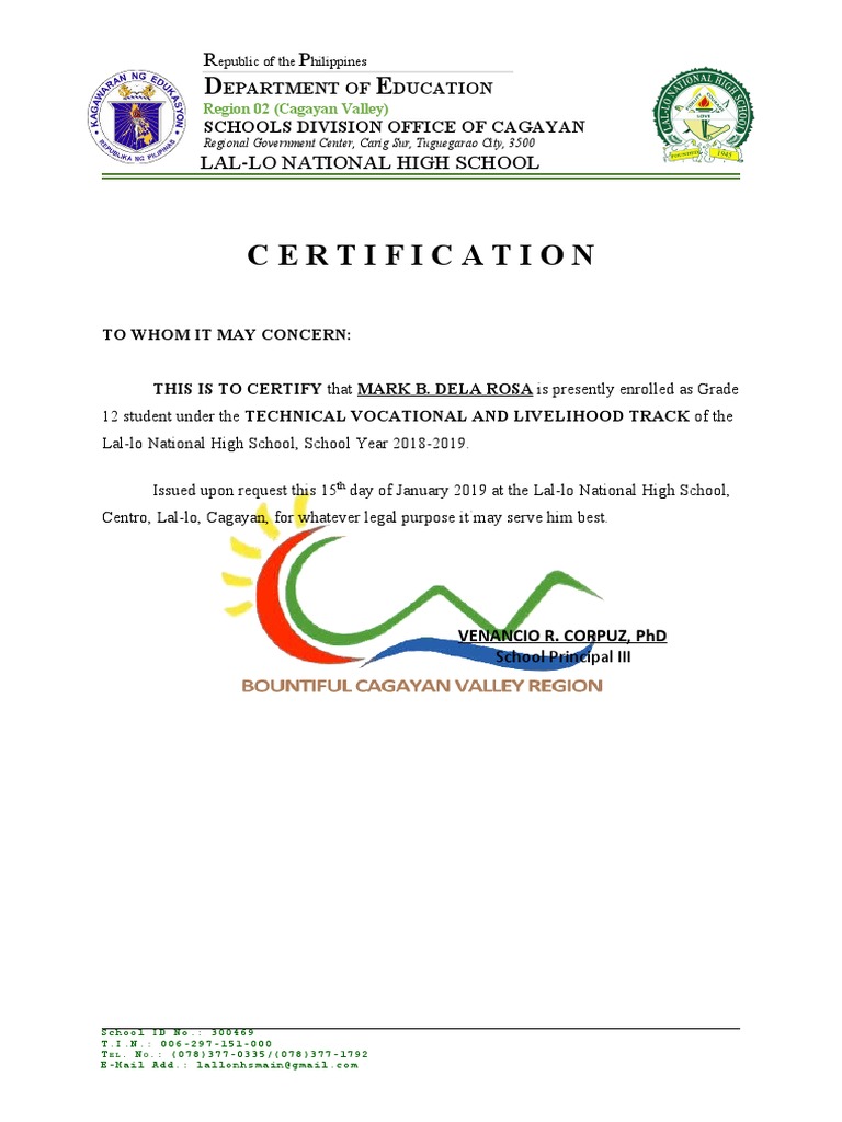 Certificate of Enrolment SHS | PDF