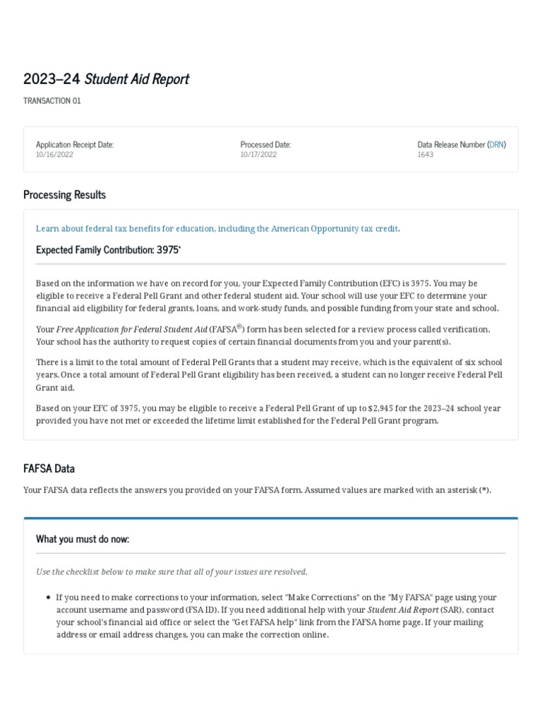 2023-2024 Student Aid Report Print - FAFSA Applic | PDF