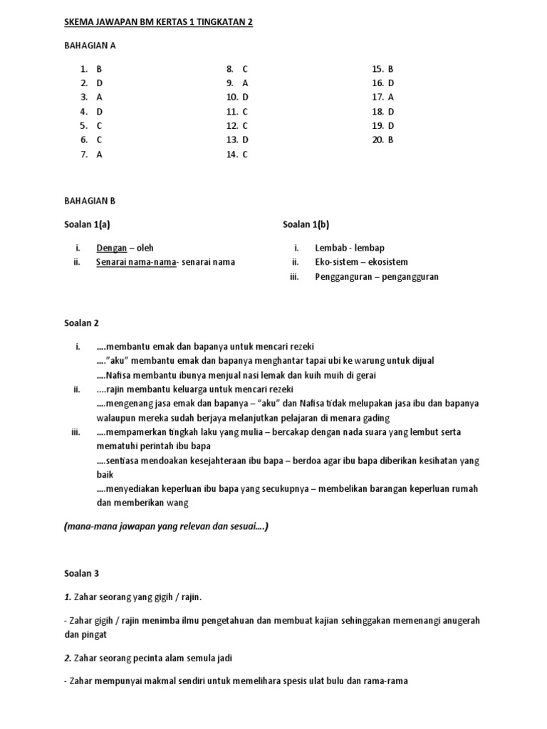 Skema Jawapan BM Kertas 1 Tingkatan 2 | PDF