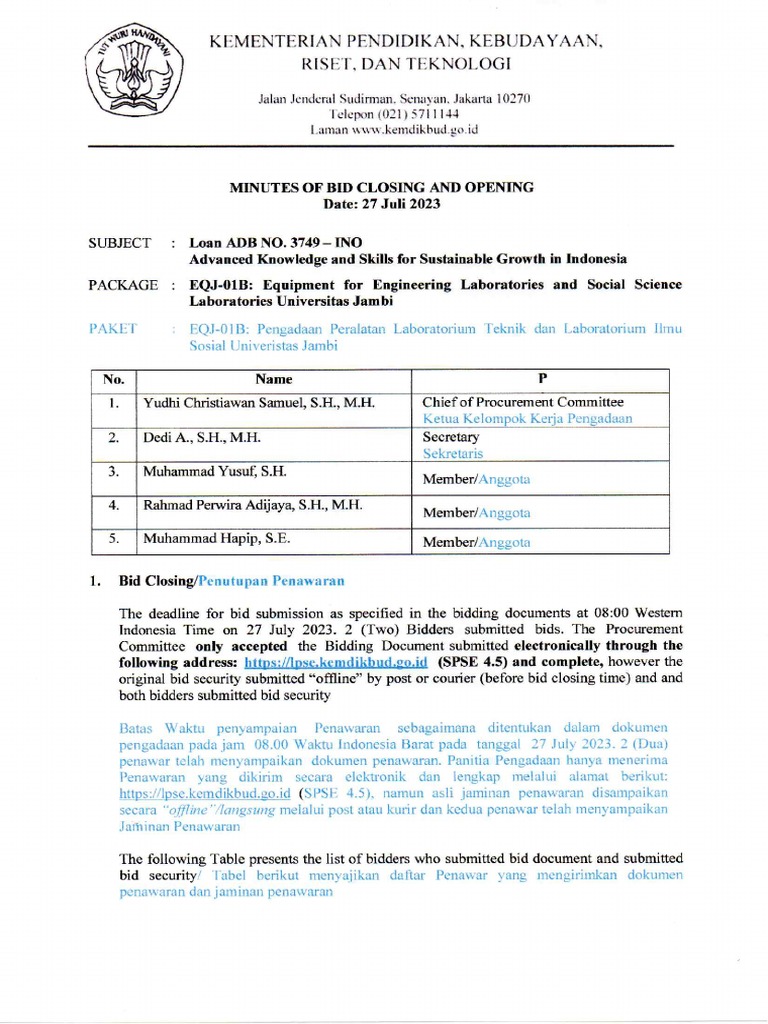 Berita Acara Pembukaan Penawaran EQJ-01B | PDF