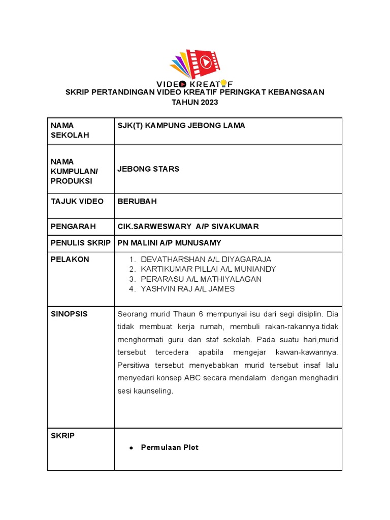 Skrip Pertandingan Video Kreatif Peringkat Kebangsaan Tahun 2023 | PDF