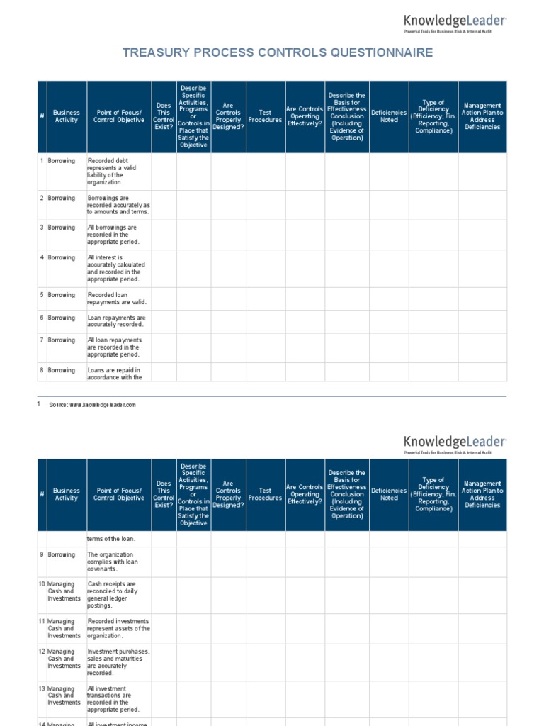 Treasury Process Controls Questionnaire | PDF