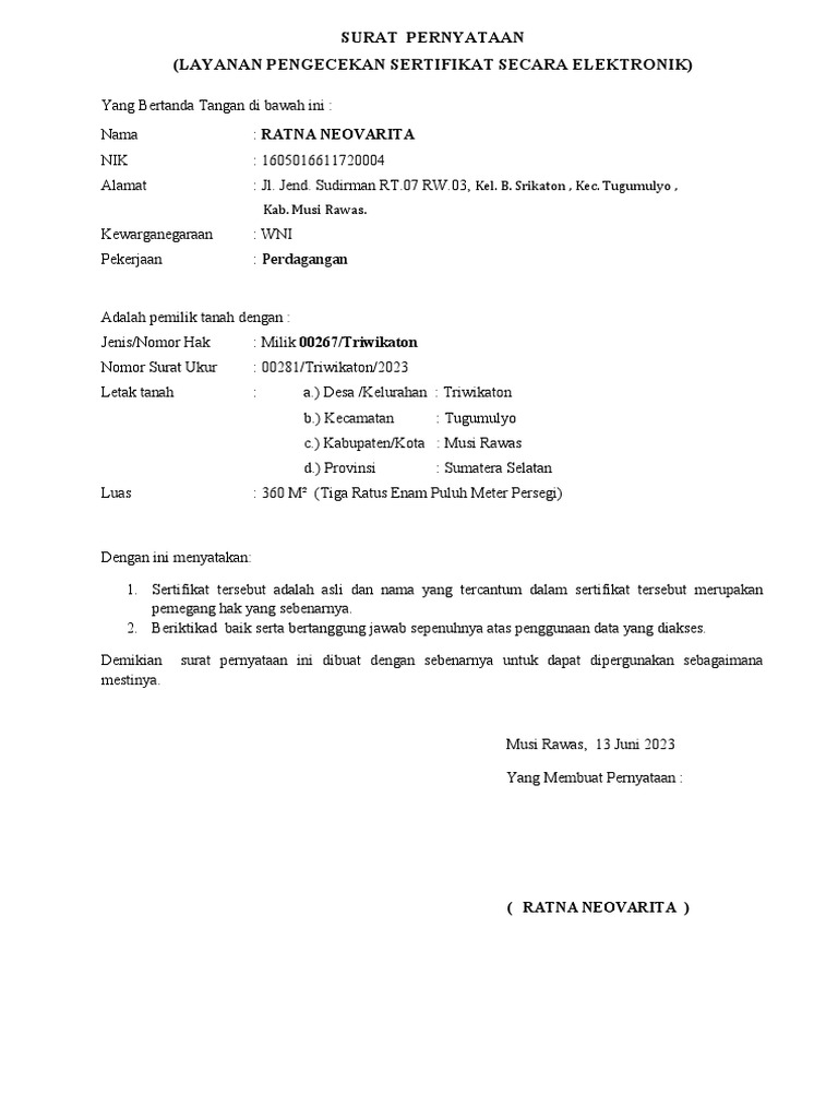 Surat Pernyataan Pengecekan | PDF
