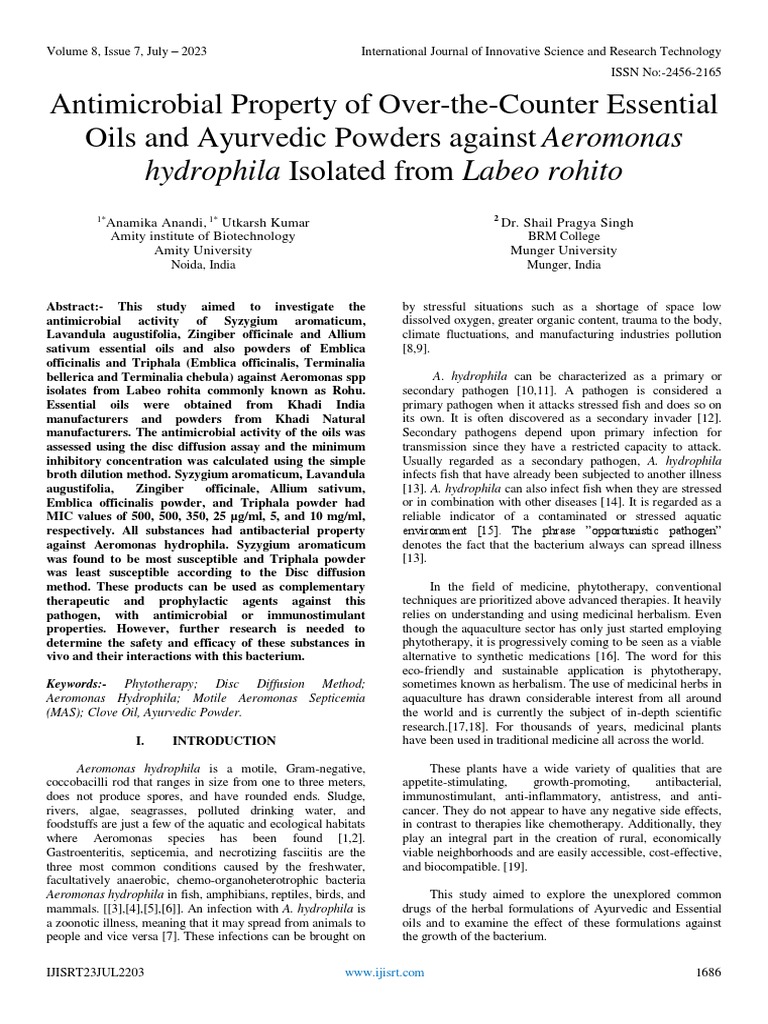 Antimicrobial Property of Over-the-Counter Essential Oils and Ayurvedic ...