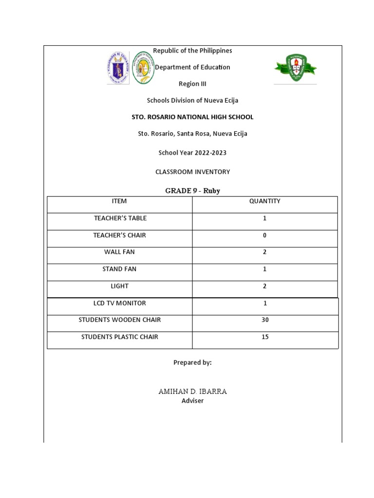 Grade 9 Classroom Inventory 2022-2023 | PDF
