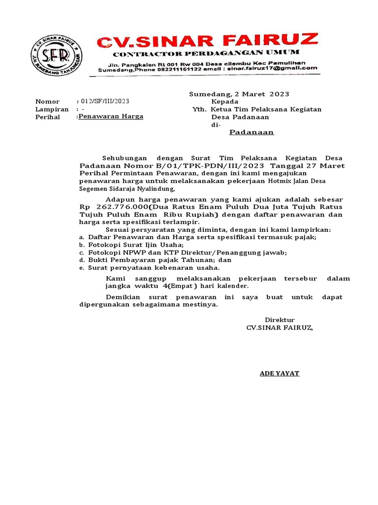 Surat Penawaran Lelang | PDF