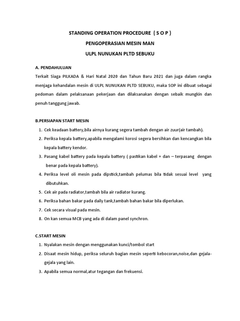 SOP Pengoperasian, Start, Stop MESIN MAN SEBUKU | PDF | Komputer