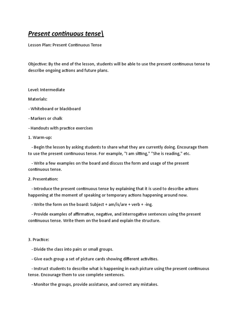 Present Continuous Tense Lesson Plan | PDF | Verb | Human Communication