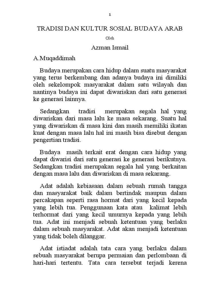 TRADISI DAN KULTUR SOSIAL BUDAYA ARAB - Prof. H. Azman Ismail | PDF