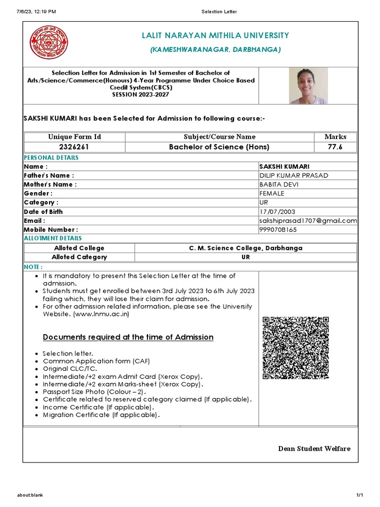 Selection Letter | PDF