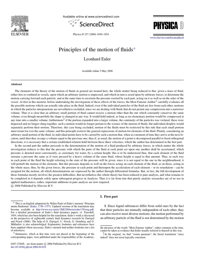 Leonhard Euler - General Principles of The Motion of Fluids | PDF ...