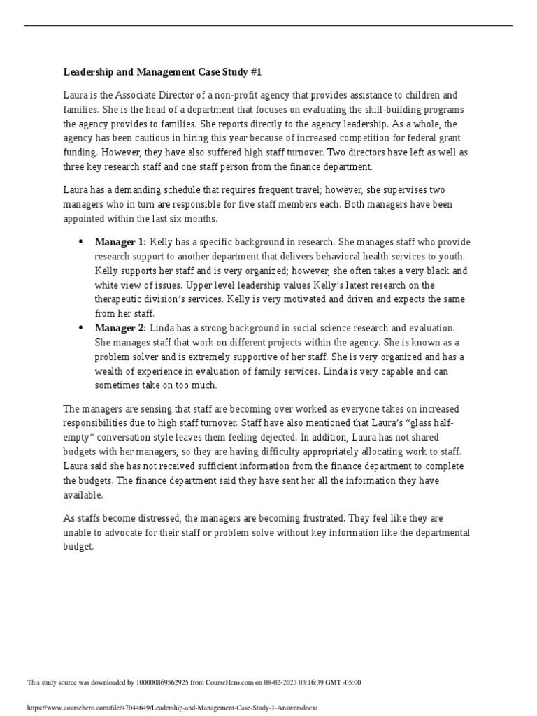 Leadership and Management Case Study 1 Answers | PDF