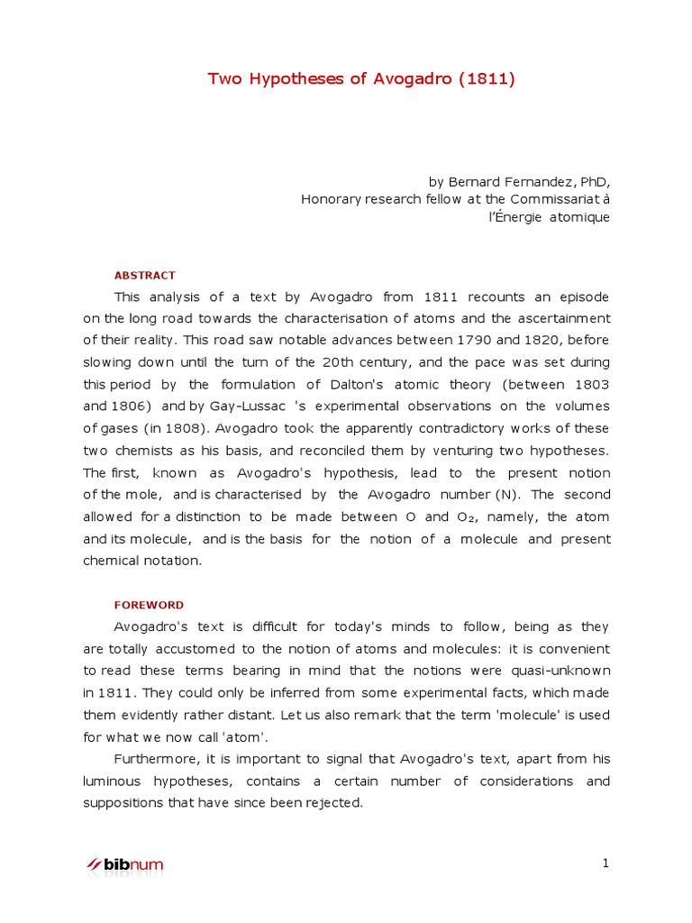 Avogadro's Hypotheses Explained | PDF
