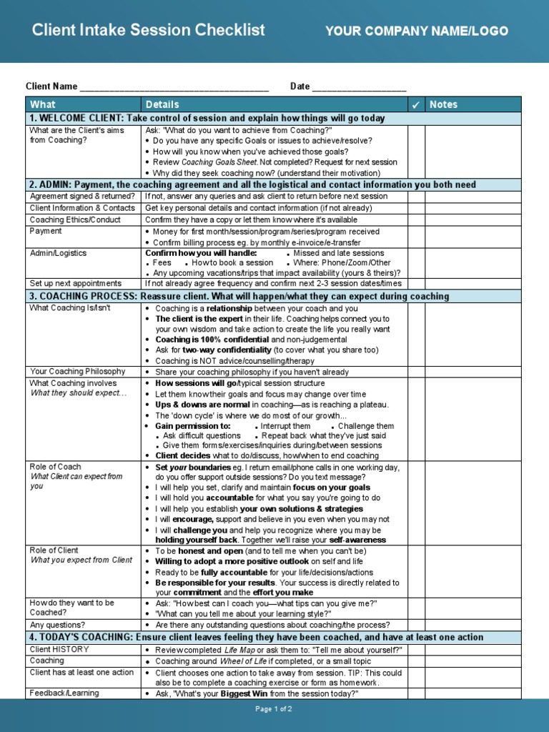 Intake Session TEMPLATE Checklist NEW | PDF