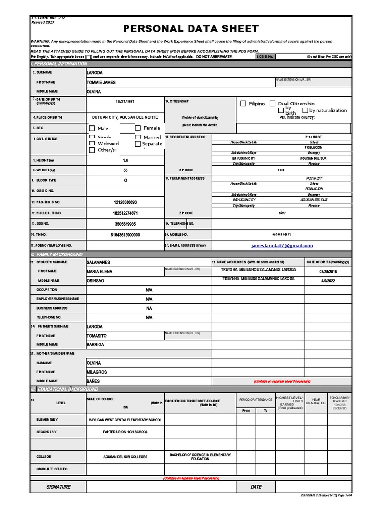 CS Form No. 212 Personal Data Sheet Revised | PDF | Government | Justice