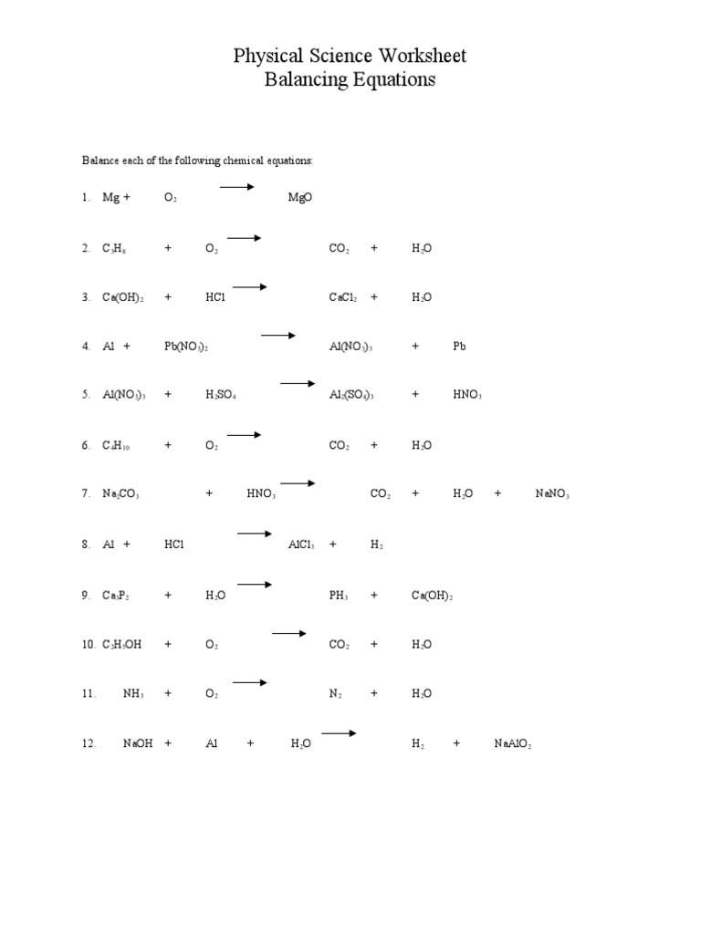 Balancing Equations Worksheet 1 | PDF