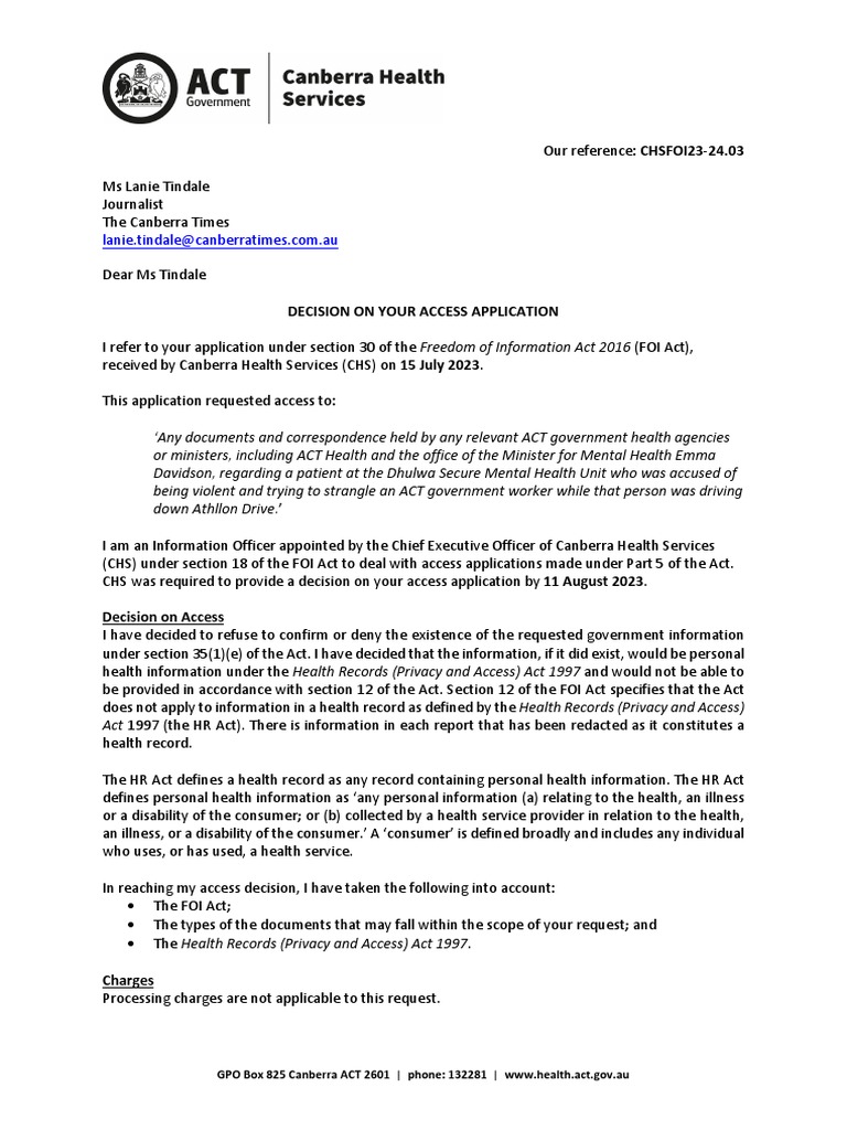 Dhulwa Mental Health FOI requests Decision Letter | PDF