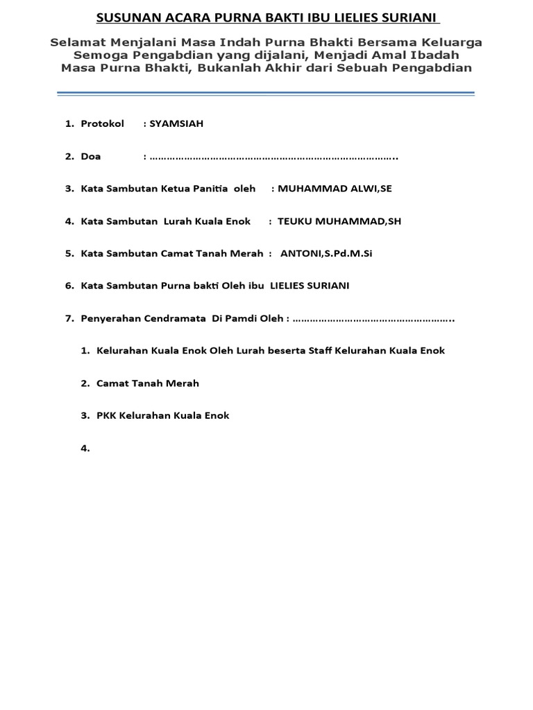 Susunan Acara Purna Bakti Ibu Lielies Suriani | PDF