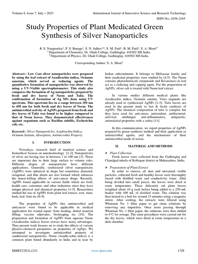 Study Properties of Plant Medicated Green Synthesis of Silver Nanoparticles | PDF ...