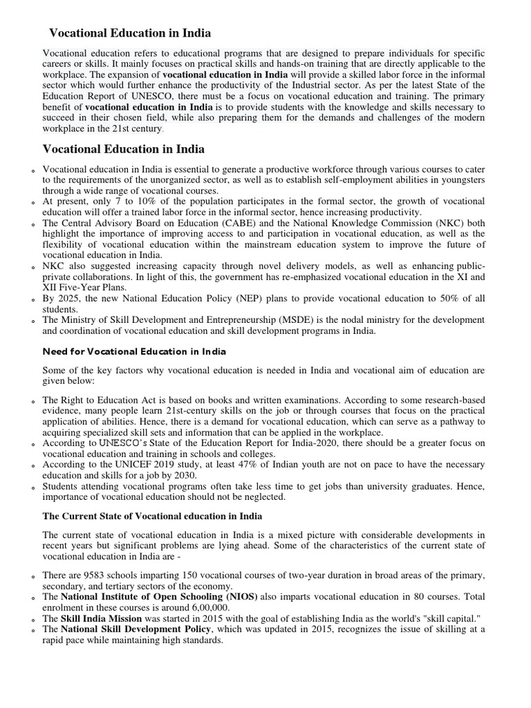 Vocational Education in India | PDF
