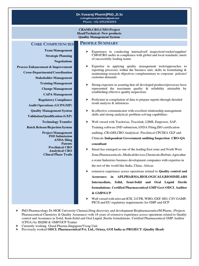 DR - Yuvaraj CMO and CRO Scientific Technical Project Director | PDF | Pharmaceutical ...